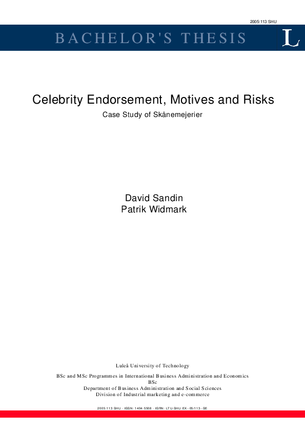 (PDF) Celebrity Endorsement, Motives and Risks, Case study of Skånemejerier