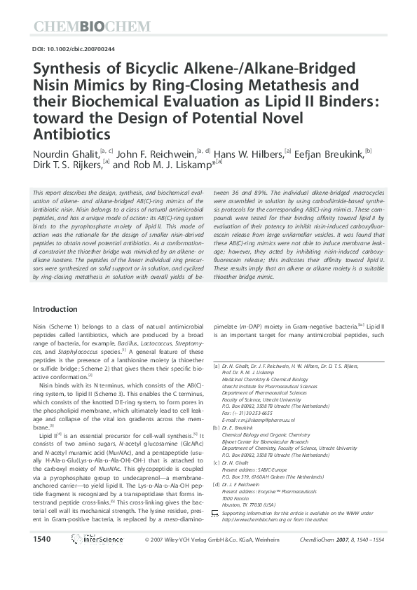 (PDF) Synthesis of Bicyclic Alkene-/Alkane-Bridged Nisin Mimics by Ring-Closing Metathesis and ...