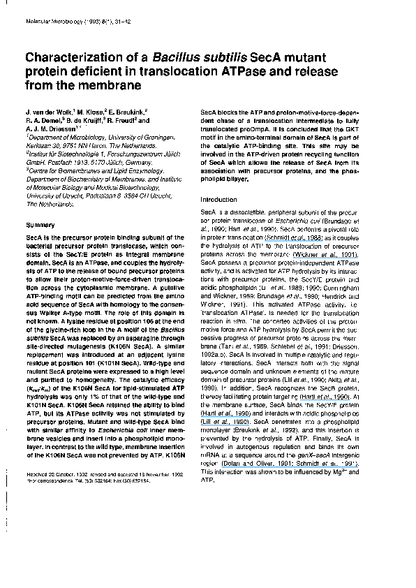 Pdf Characterization Of A Bacillus Subtilis Seca Mutant Protein Deficient In Translocation