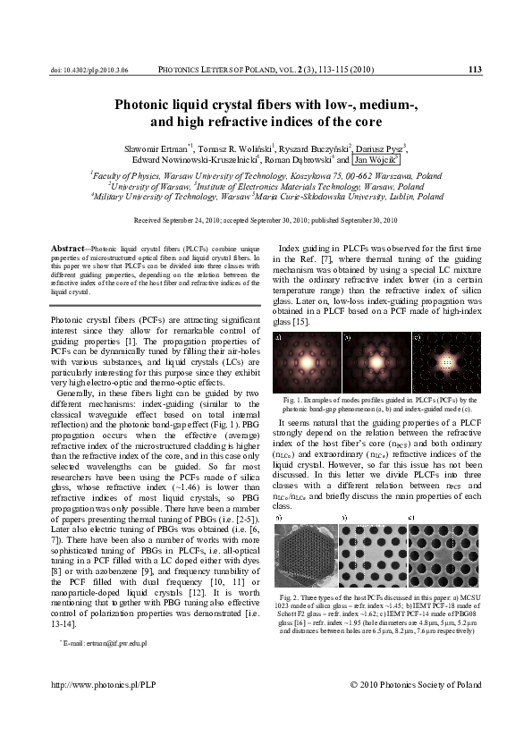 (PDF) Photonic liquid crystal fibers with low-, medium-, and high refractive indices of the core