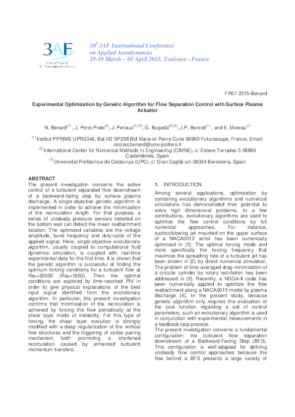 (PDF) Experimental Optimization by Genetic Algorithm for Flow Separation Control with Surface ...