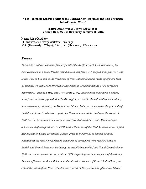 (DOC) “The Tonkinese Labour Traffic to the Colonial New Hebrides: The ...