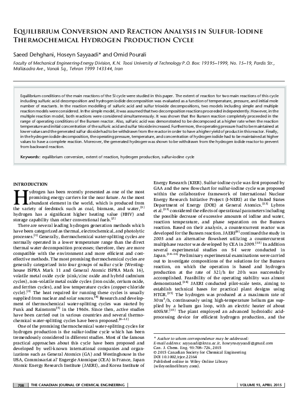 (PDF) Equilibrium conversion and reaction analysis in sulfur-iodine ...