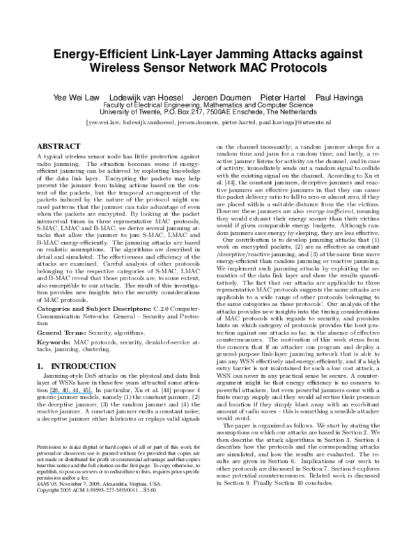(PDF) Energy-efficient link-layer jamming attacks against wireless sensor network MAC protocols