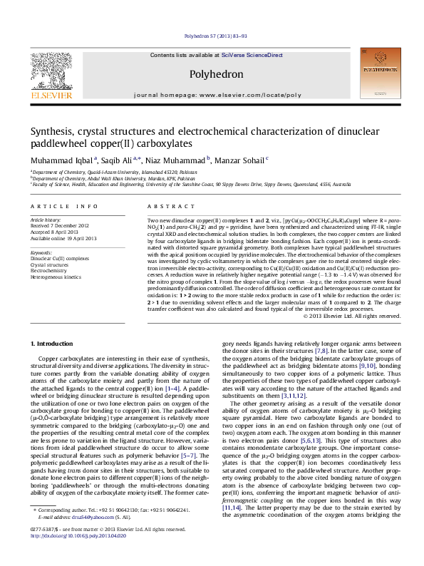 (PDF) Synthesis, crystal structures and electrochemical characterization of dinuclear ...