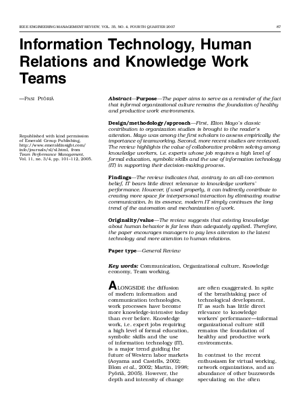 (PDF) Information technology, human relations and knowledge work teams