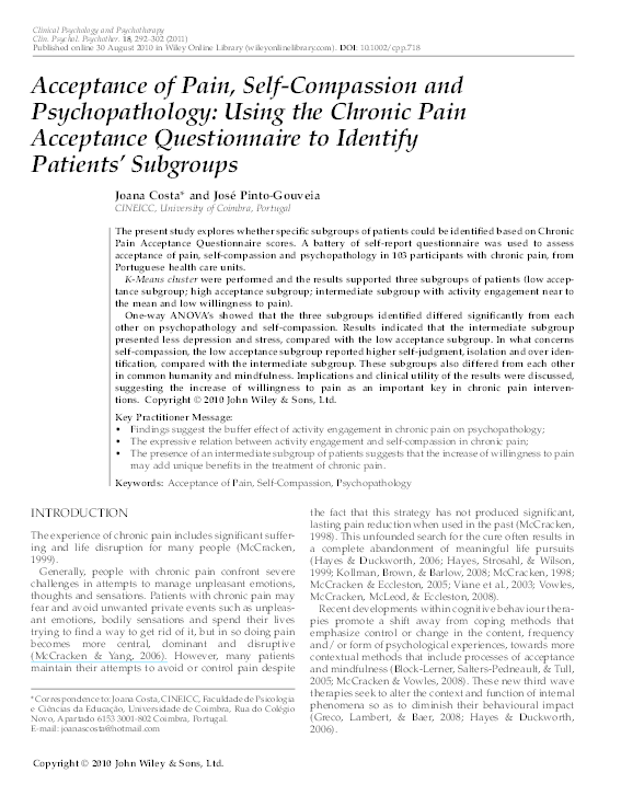 (PDF) Acceptance of pain, self-compassion and psychopathology: Using ...