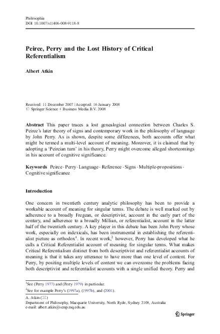 (PDF) Peirce, Perry and the Lost History of Critical Referentialism