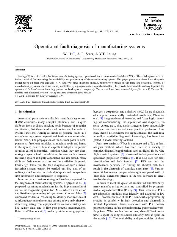 (PDF) Operational fault diagnosis of manufacturing systems