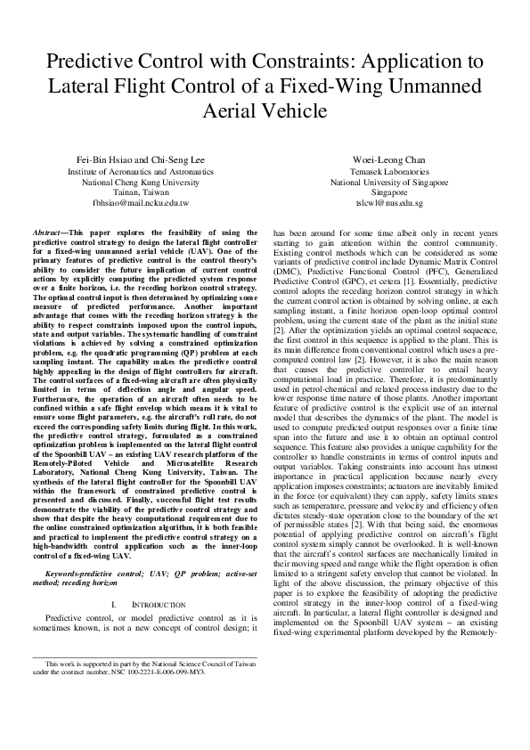 Pdf Predictive Control With Constraints Application To Lateral Flight Control Of A Fixed Wing
