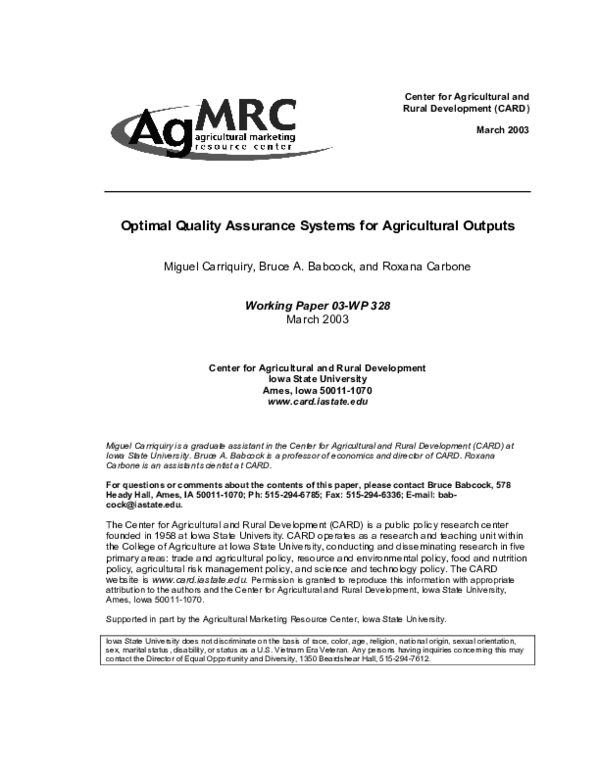 (PDF) Optimal Quality Assurance Systems for Agricultural Outputs