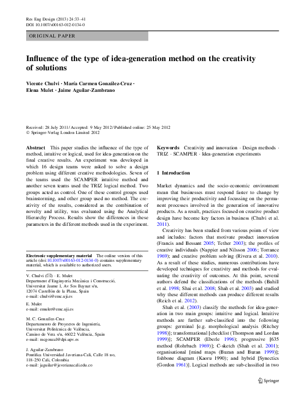 (PDF) Influence of the type of idea-generation method on the creativity ...