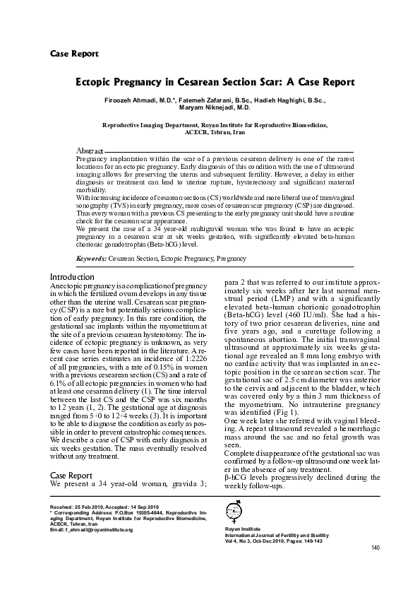 Pdf Ectopic Pregnancy In Cesarean Section Scar A Case Report