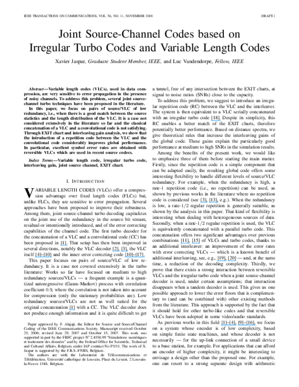 (PDF) Joint source-channel codes based on irregular turbo codes and variable length codes