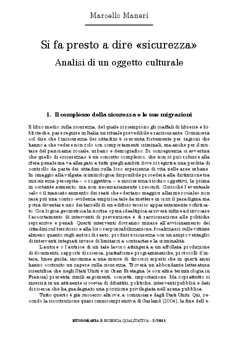 (PDF) Si fa presto a dire «sicurezza». Analisi di un oggetto culturale