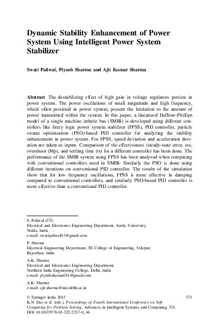 (PDF) Dynamic Stability Enhancement of Power System Using Intelligent Power System Stabilizer