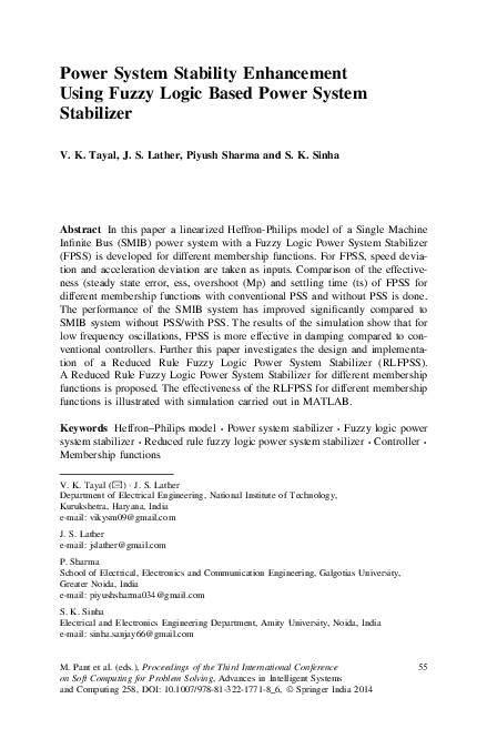 (PDF) Power System Stability Enhancement Using Fuzzy Logic Based Power System Stabilizer