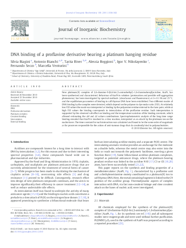 (PDF) DNA binding of a proflavine derivative bearing a platinum hanging ...