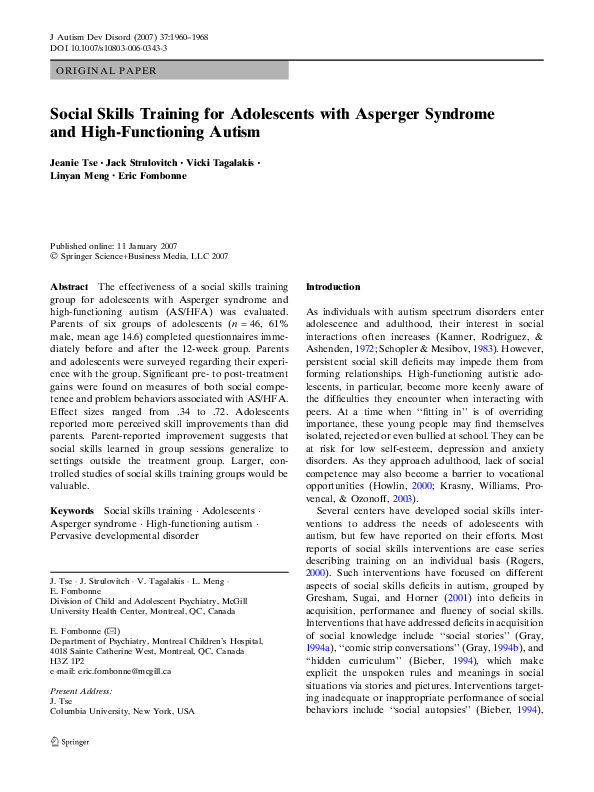 (PDF) Social Skills Training for Adolescents with Asperger Syndrome and High-Functioning Autism