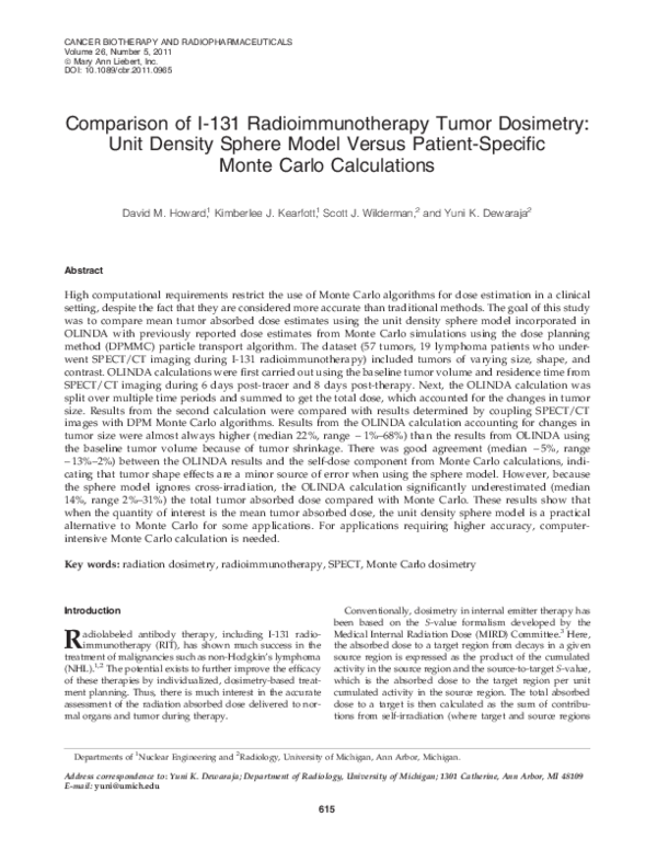 (PDF) Comparison of I-131 Radioimmunotherapy Tumor Dosimetry: Unit Density Sphere Model Versus ...