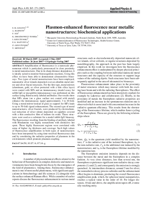 (PDF) Plasmon-enhanced fluorescence near metallic nanostructures: biochemical applications