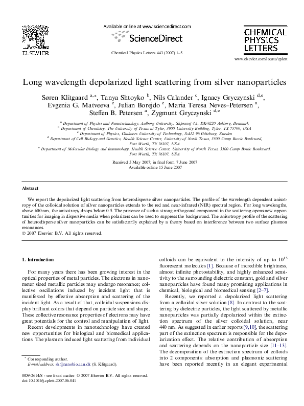 (PDF) Long wavelength depolarized light scattering from silver nanoparticles | Evgenia Matveeva ...