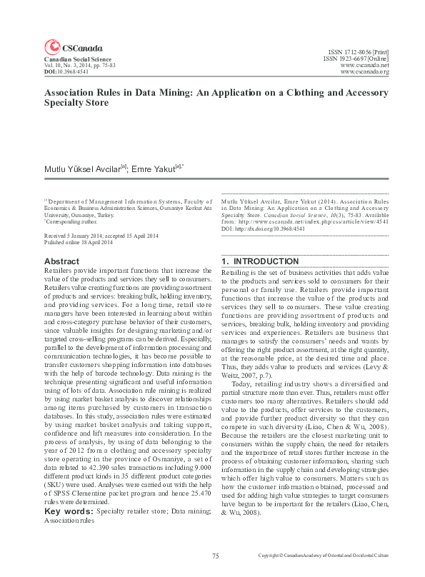 Pdf Association Rules In Data Mining An Application On A Clothing And Accessory Specialty Store