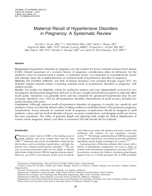 (PDF) Maternal Recall of Hypertensive Disorders in Pregnancy: A ...