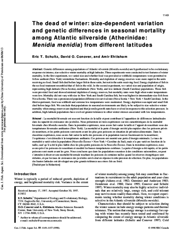 (PDF) The dead of winter: size-dependent variation and genetic differences in seasonal mortality ...