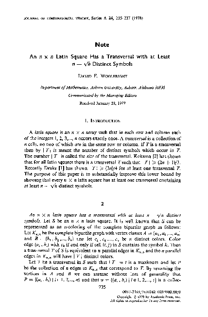 (PDF) An n × n Latin square has a transversal with at least distinct ...