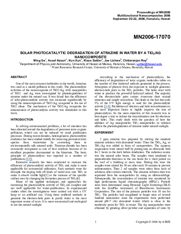 (PDF) Solar Photocatalytic Degradation of Atrazine in Water by TiO