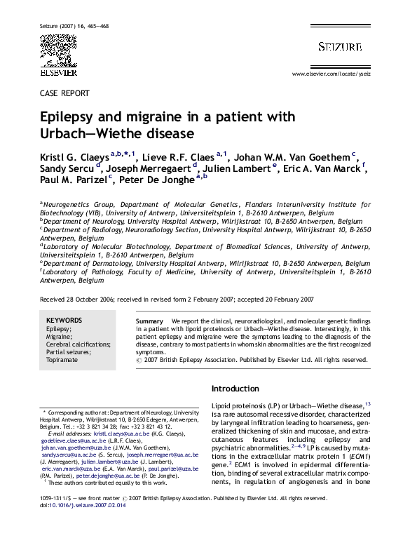 (PDF) Epilepsy and migraine in a patient with Urbach–Wiethe disease