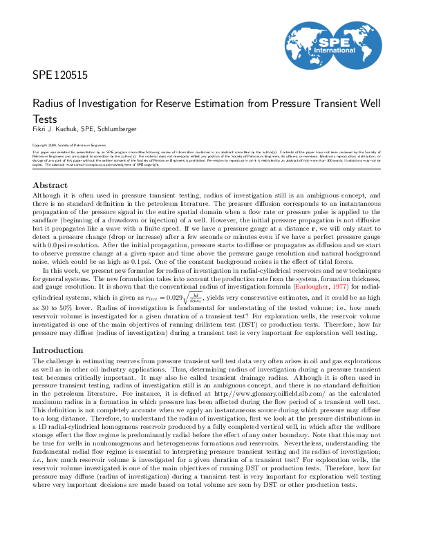 Pdf Radius Of Investigation For Reserve Estimation From Pressure Transient Well Tests