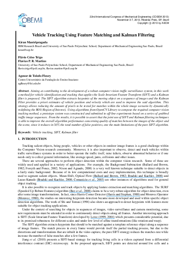 (PDF) Vehicle Tracking Using Feature Matching and Kalman Filtering