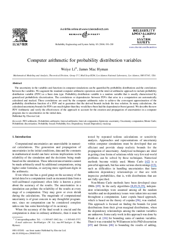 (PDF) Computer arithmetic for probability distribution variables
