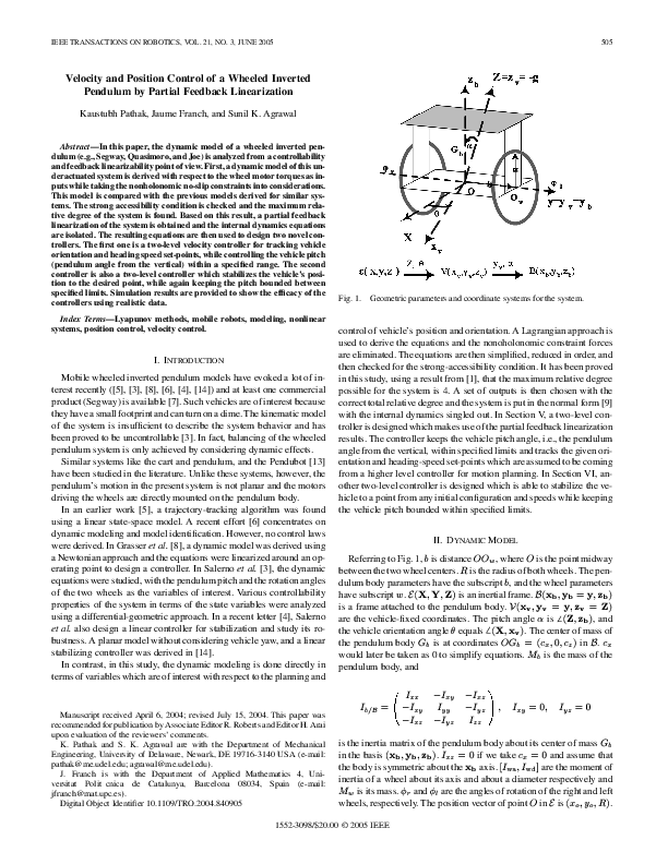 Pdf Velocity And Position Control Of A Wheeled Inverted Pendulum By