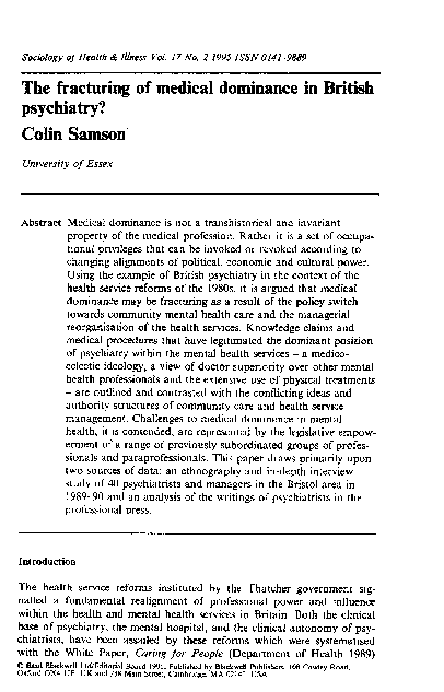 (PDF) The fracturing of medical dominance in British psychiatry?