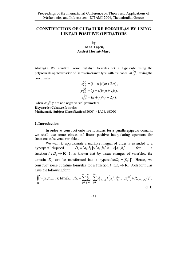 (PDF) CONSTRUCTION OF CUBATURE FORMULAS BY USING LINEAR POSITIVE OPERATORS