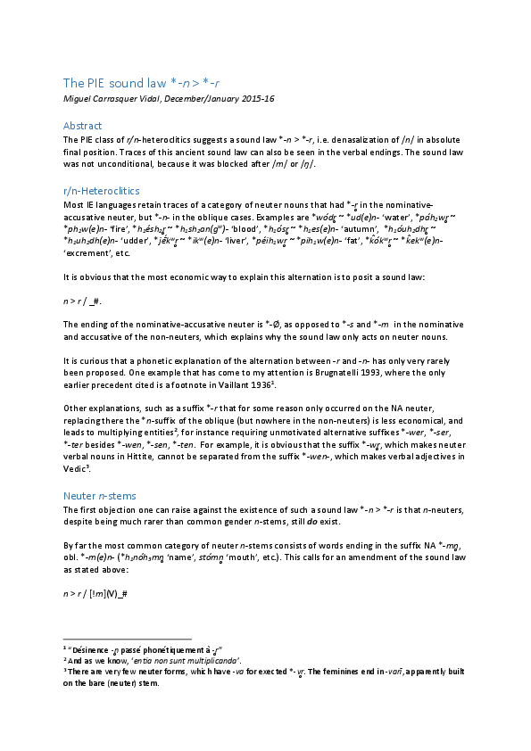 (PDF) The PIE sound law *-n > *-r