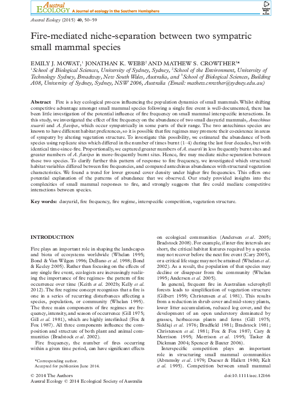 (PDF) Fire-mediated niche-separation between two sympatric small mammal ...