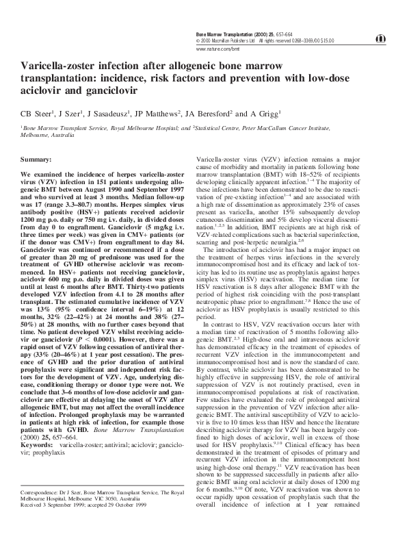 (PDF) Varicella-zoster infection after allogeneic bone marrow ...