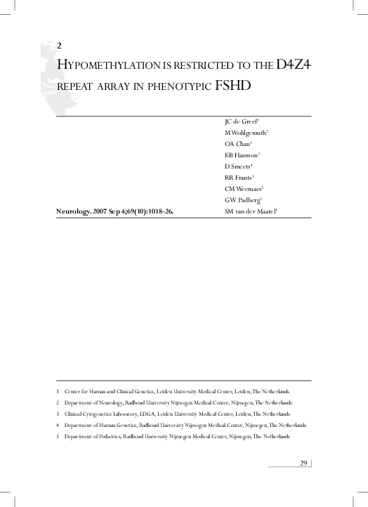 (PDF) Hypomethylation is restricted to the D4Z4 repeat array in phenotypic FSHD | Dominique ...