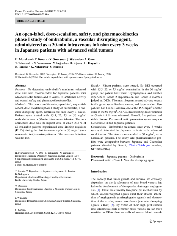 (PDF) An open-label, dose-escalation, safety, and pharmacokinetics phase I study of ombrabulin ...