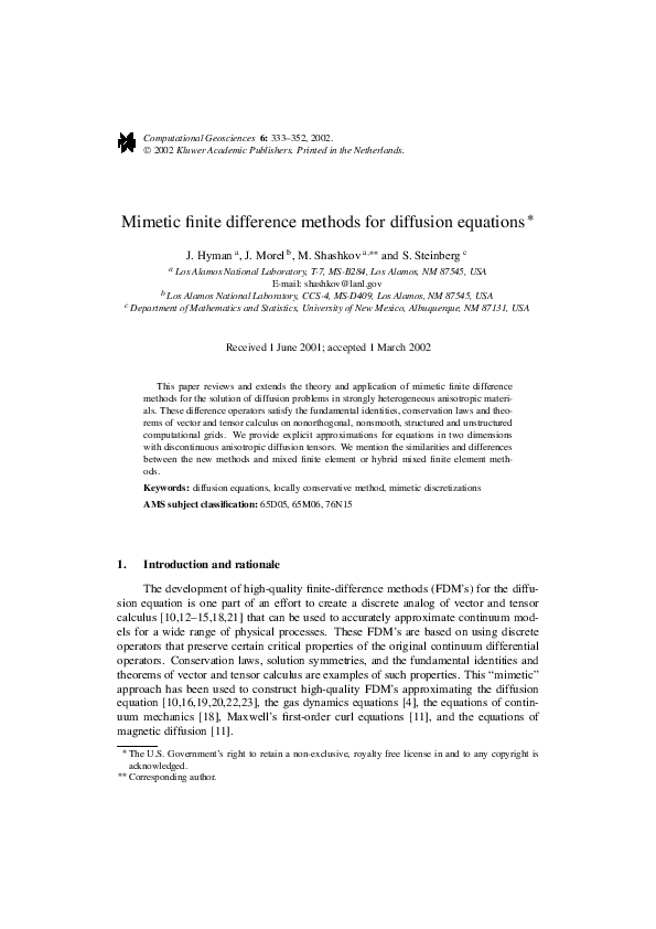 Pdf Mimetic Finite Difference Methods For Diffusion Equations On Non