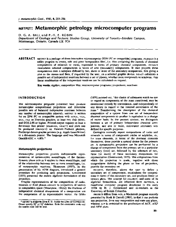 (PDF) METPET: Metamorphic petrology microcomputer programs
