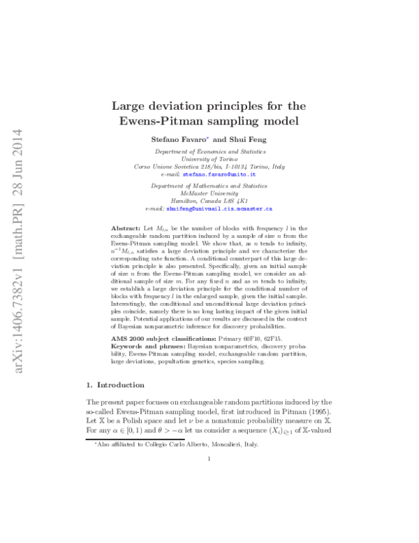 (PDF) Large deviation principles for the Ewens-Pitman sampling model