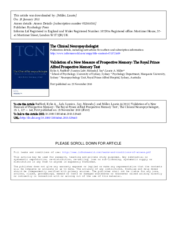 (PDF) Validation of a New Measure of Prospective Memory: The Royal ...