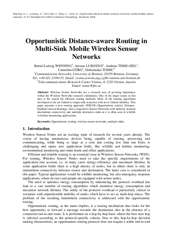 (PDF) Opportunistic distance-aware routing in multi-sink mobile wireless sensor networks