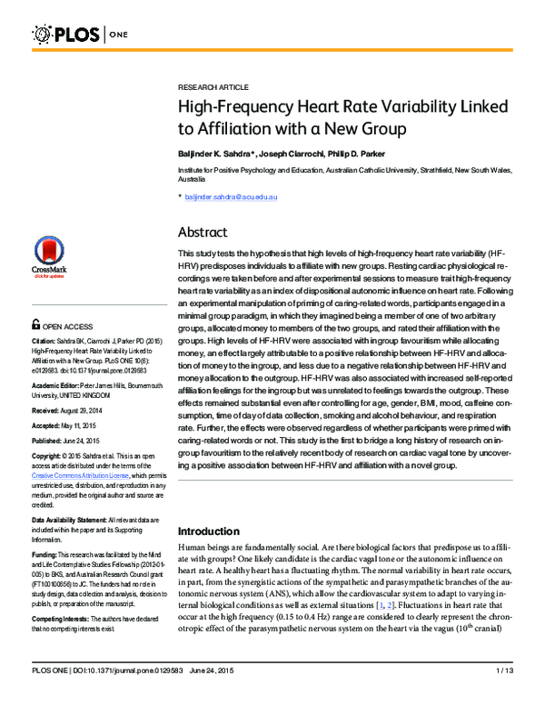 (PDF) High-Frequency Heart Rate Variability Linked to Affiliation with ...