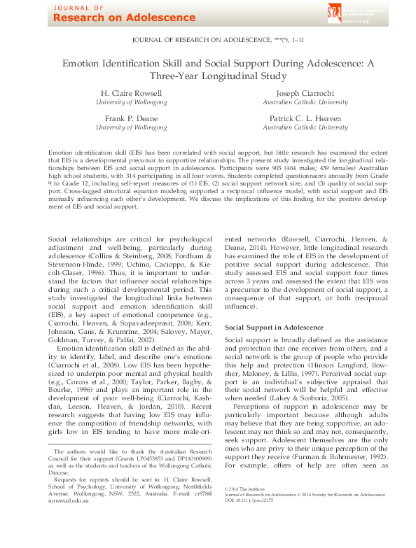(PDF) Emotion identification skills predict socio-emotional functioning